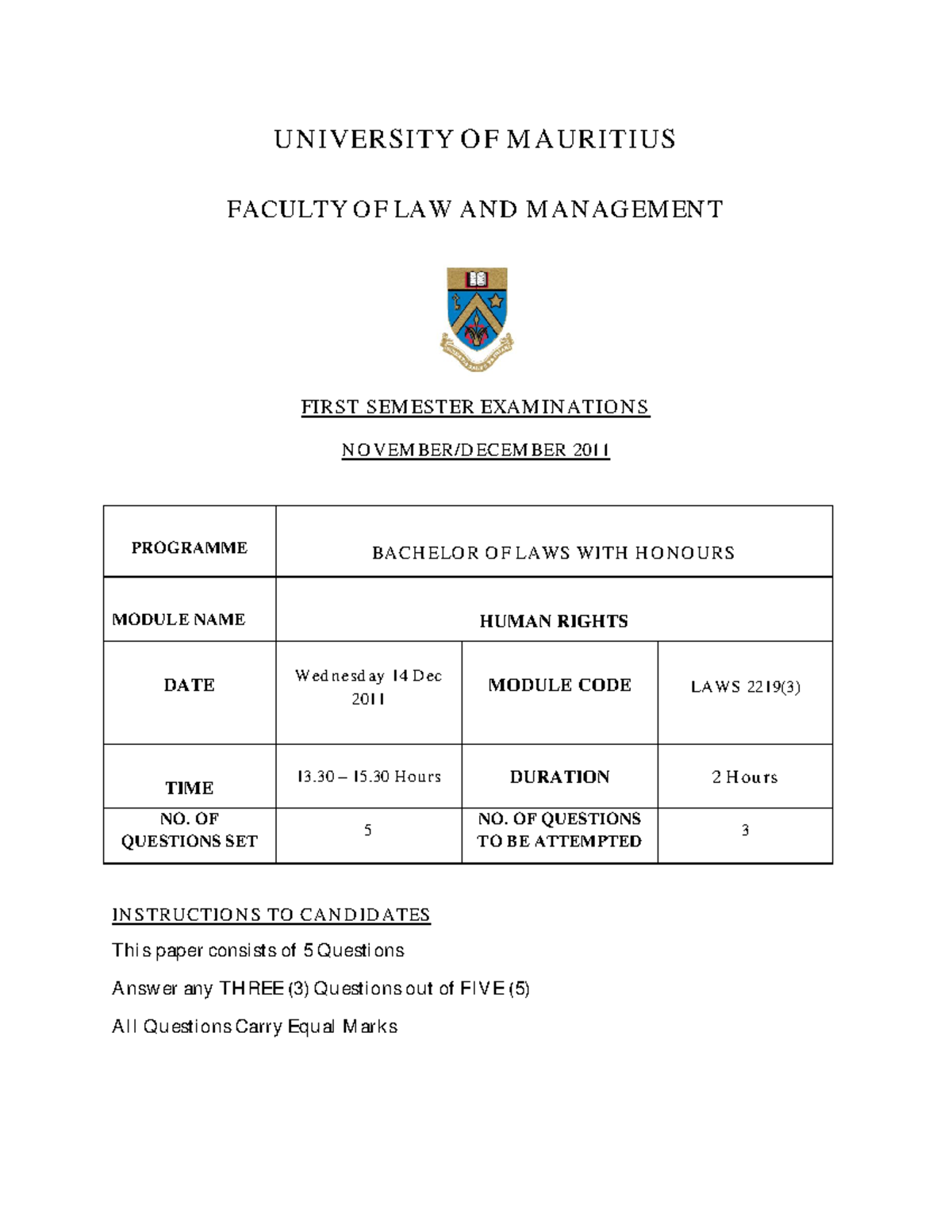 LAWS 2219(3) Human Rights Final Exam Paper - Dec 2011 - Studocu