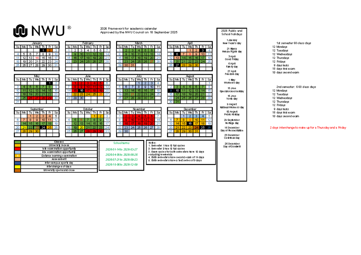 2026 Academic Calendar Framework - Approved by NWU Council - Studocu