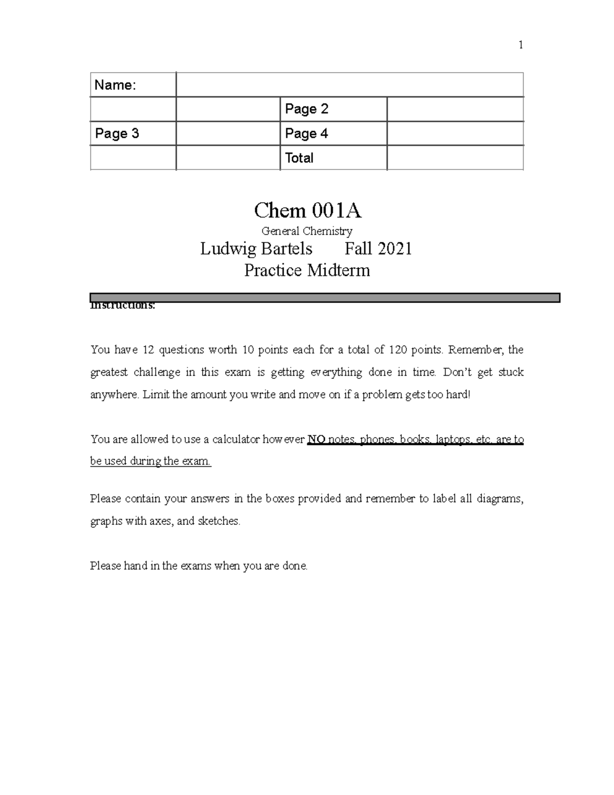 Chem 001A Practice Midterm Exam Overview for Fall 2021 - Studocu
