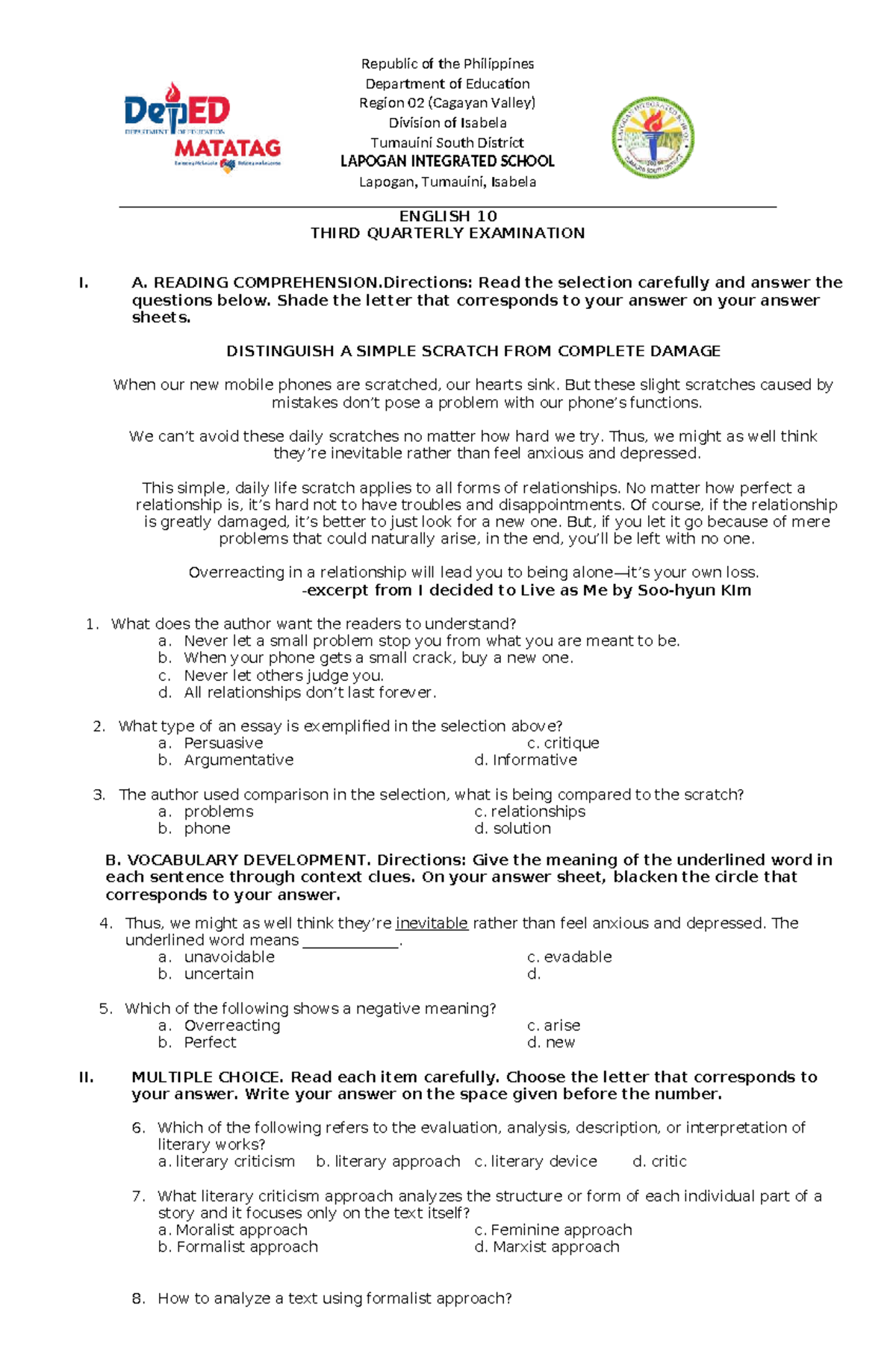 English 10 - 3rd Quarterly Exam: Reading Comprehension & Literary ...