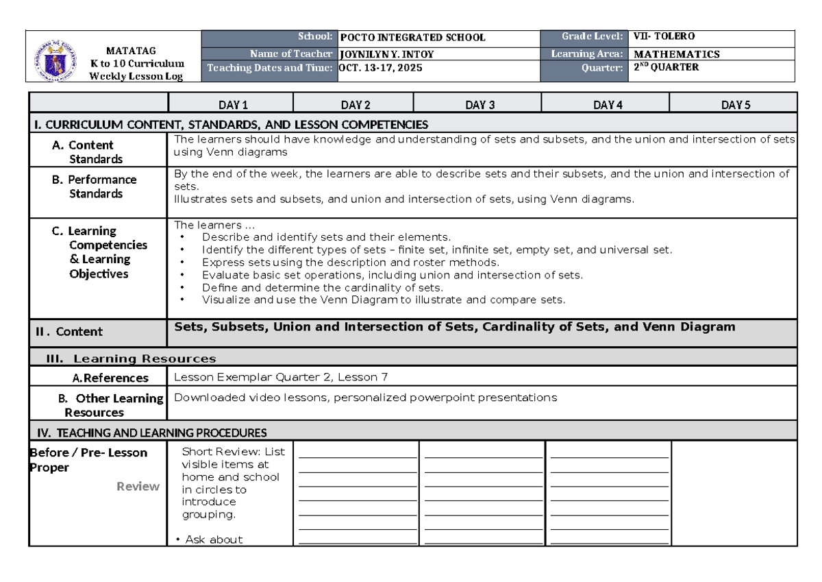 MATH78 - 2ND QUARTER Weekly Lesson Log on Sets and Venn Diagrams - Studocu