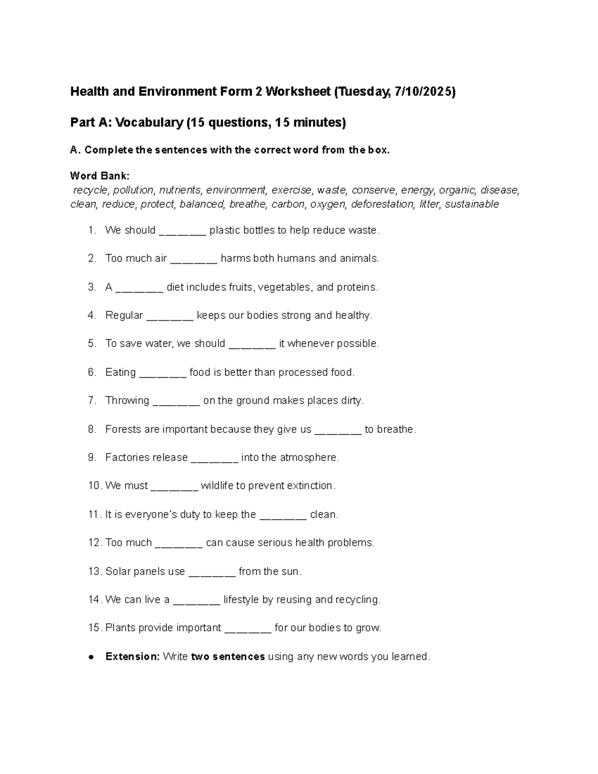 Health and Environment Form 2 Worksheet: Vocabulary & Reading ...