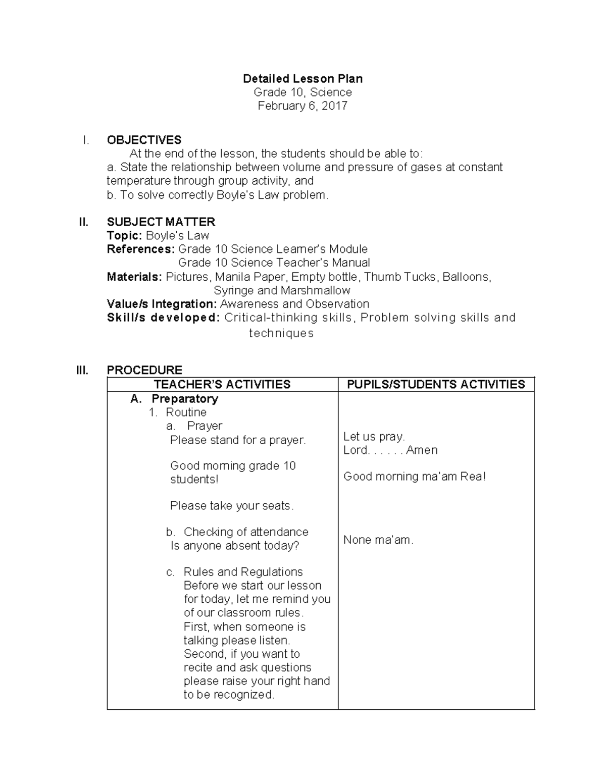 Boyle's Law - Lesson Plan for Grade 10 Science (SCI 10) - Studocu