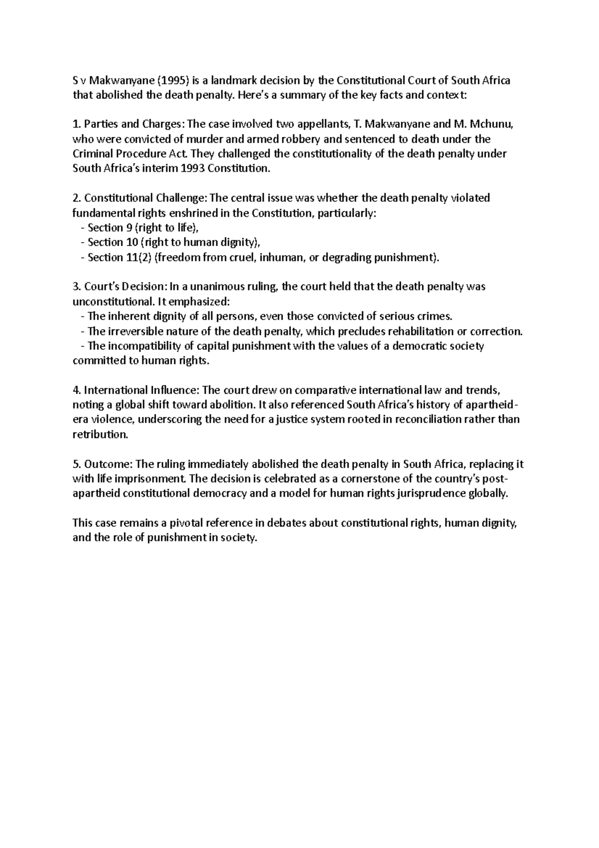 S v Makwanyane: Landmark Case Abolishing Death Penalty in SA - Studocu