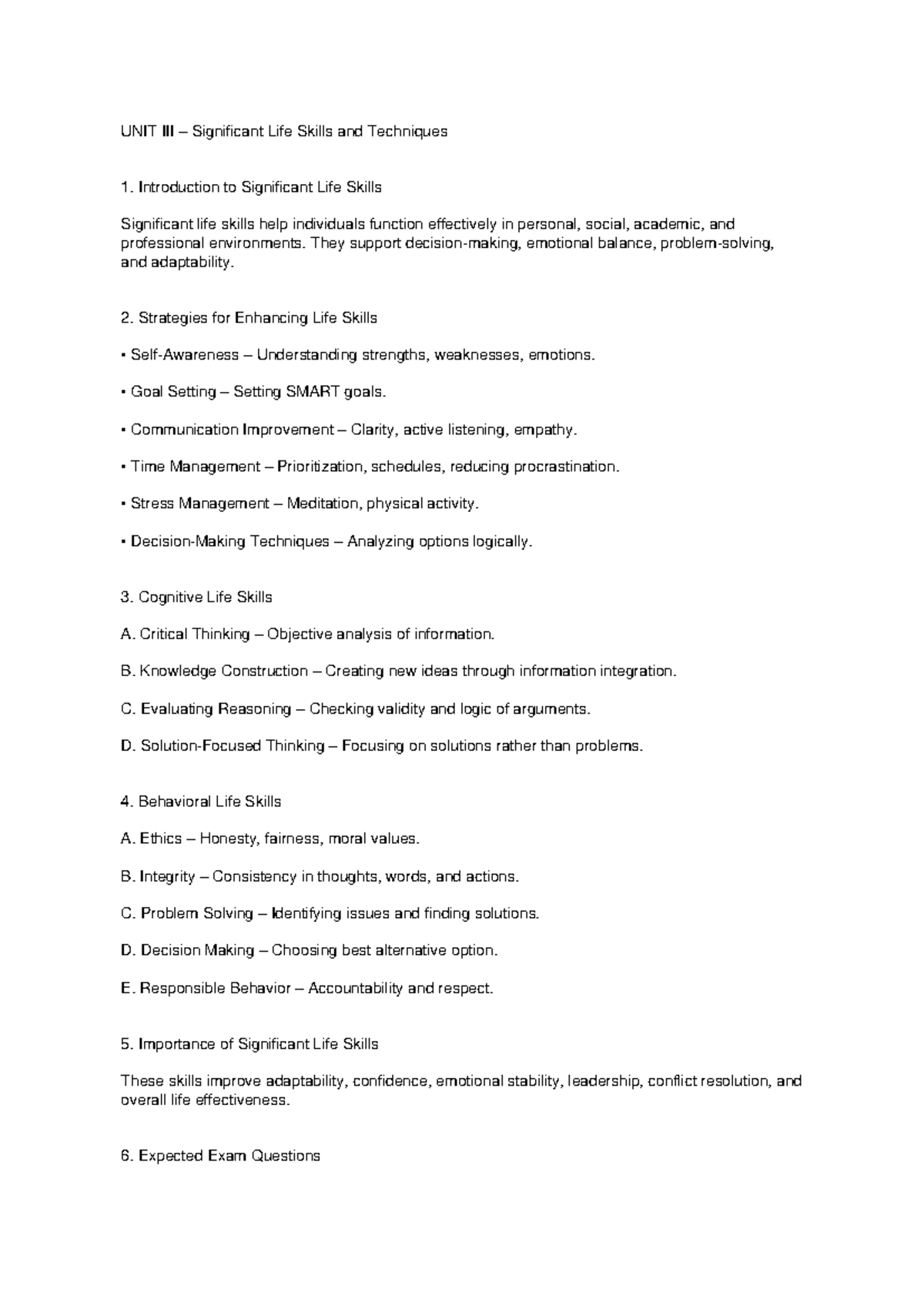 UNIT 3: Significant Life Skills & Techniques Overview - Studocu