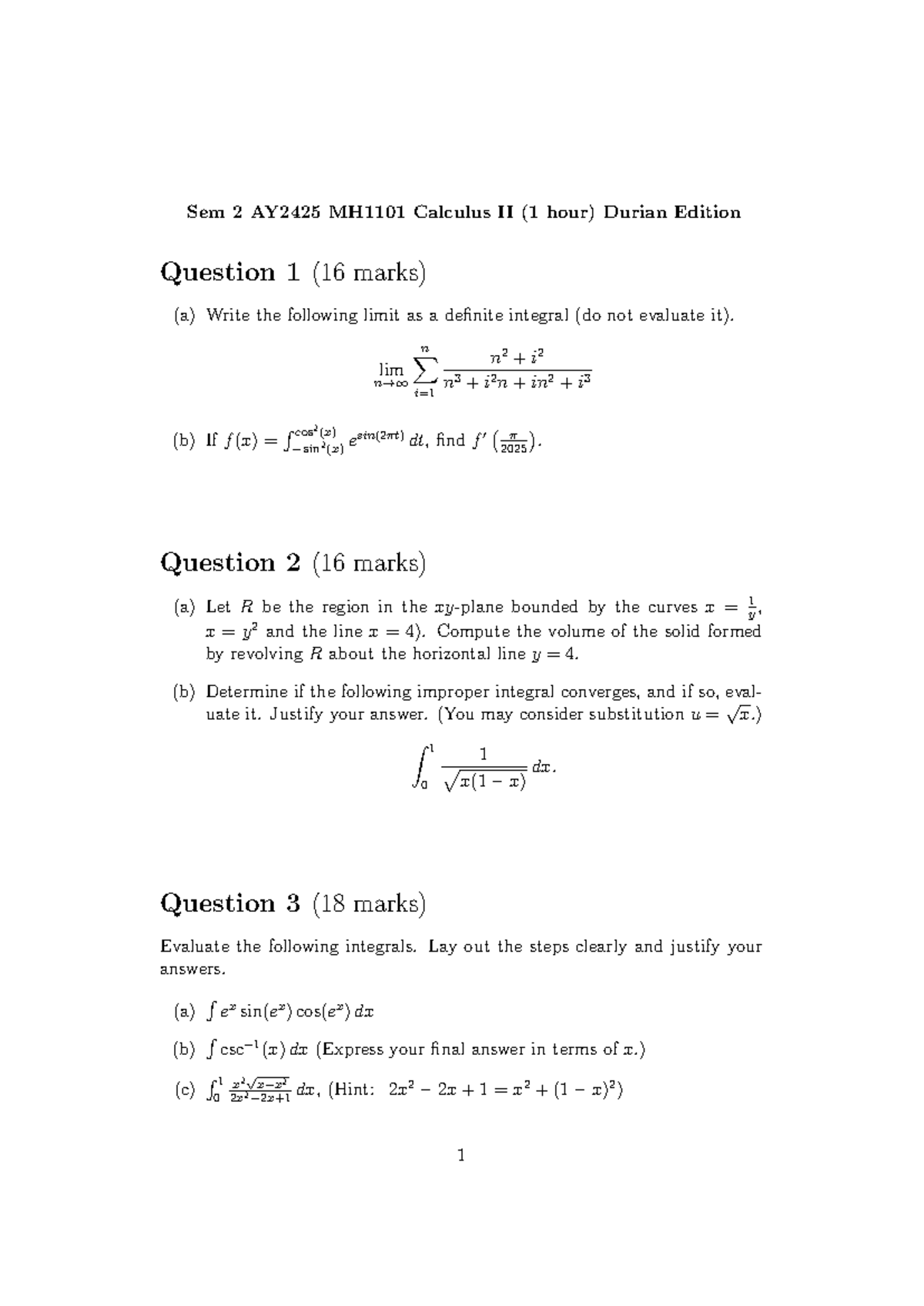 MH1101 Midterm Mock: Calculus II Practice Questions and Solutions - Studocu