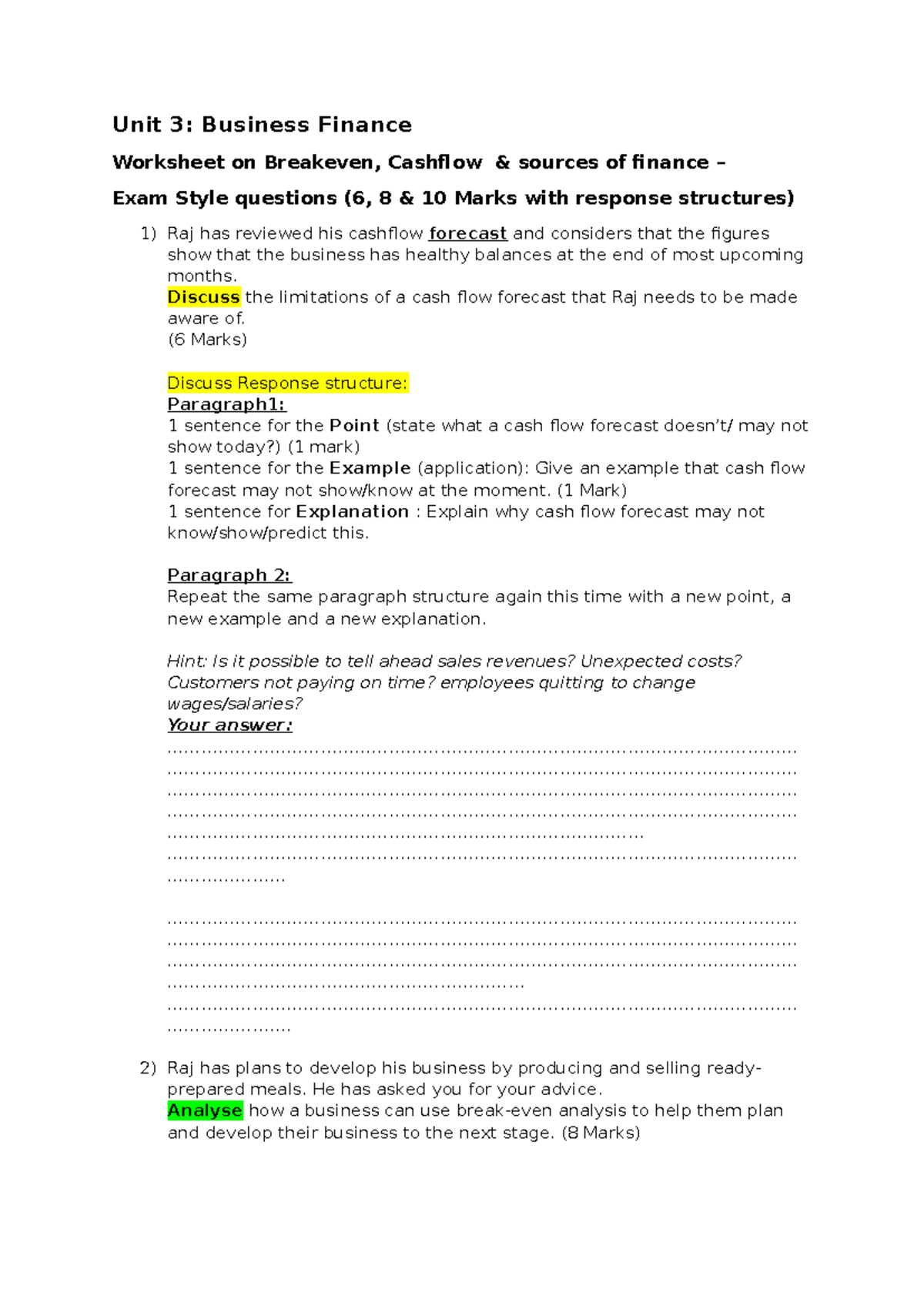 Unit 3: Business Finance - Exam Style Questions & Response Structures ...