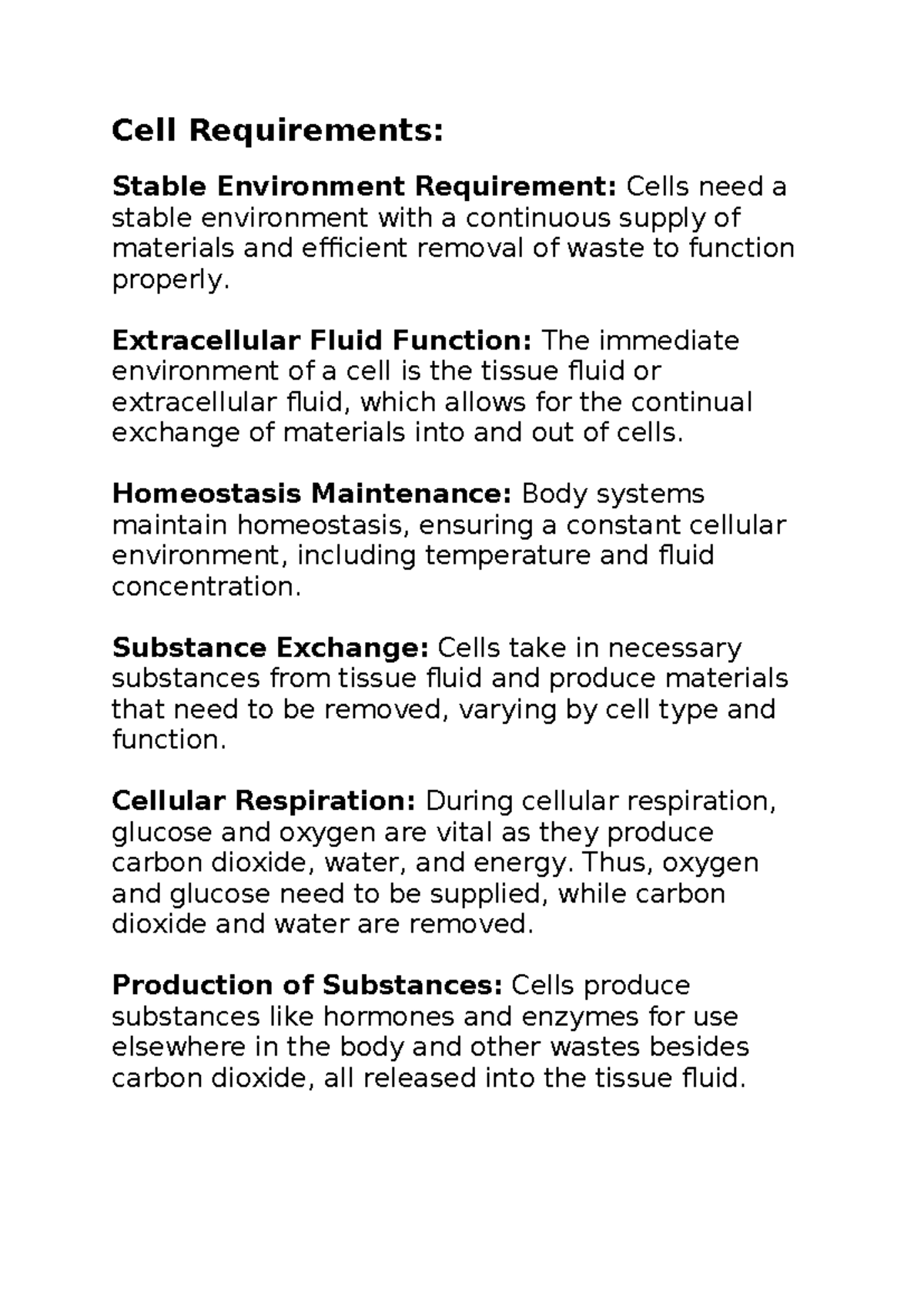 WACE Human Bio Year 11: Cell Requirements & Functions Overview - Studocu