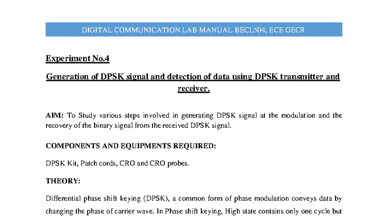 DPSK Signal Generation & Detection - Digital Comm Lab BECL504 - Studocu