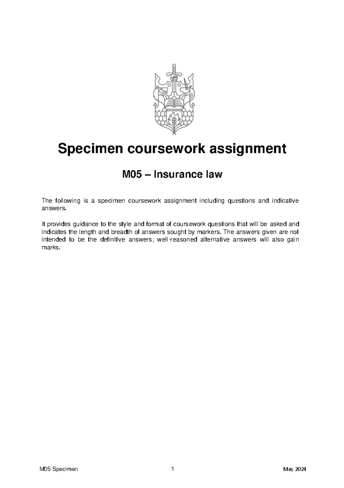 M05 Specimen Coursework Assignment 2024: Questions & Guidance - Studocu