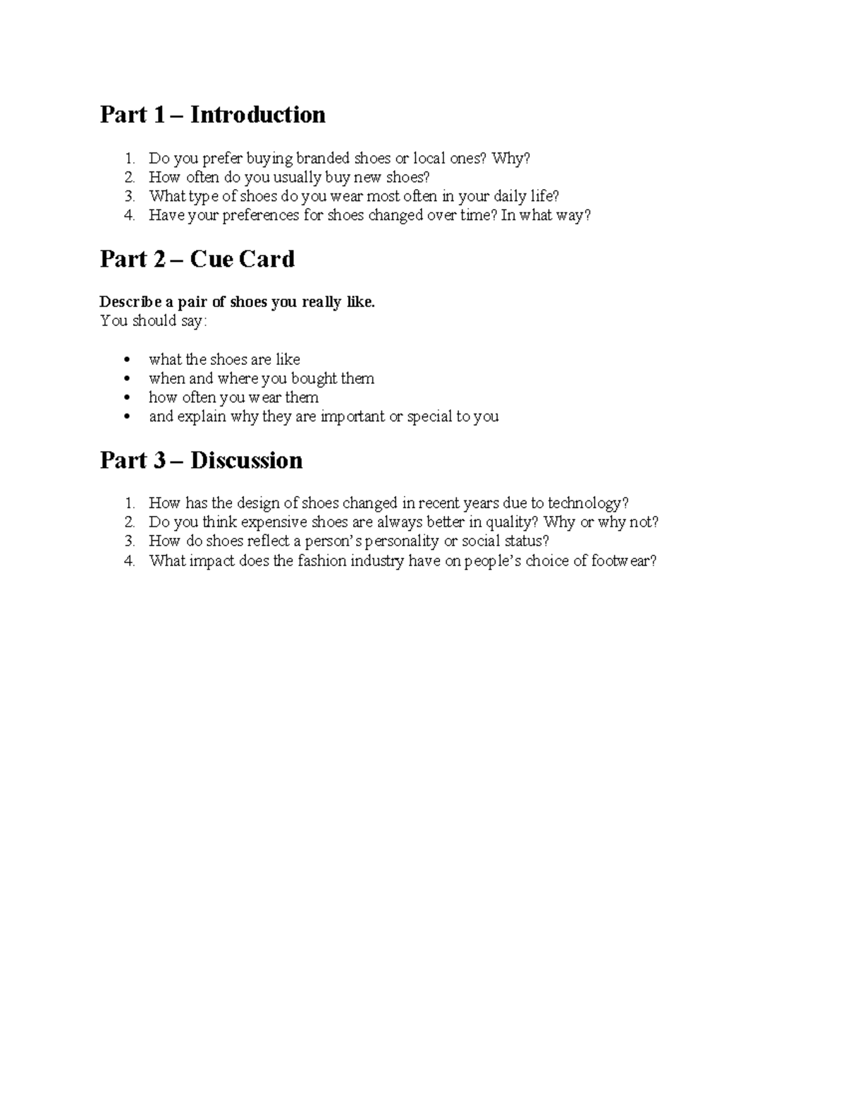 IELTS Shoes Discussion & Cue Card Notes - Studocu