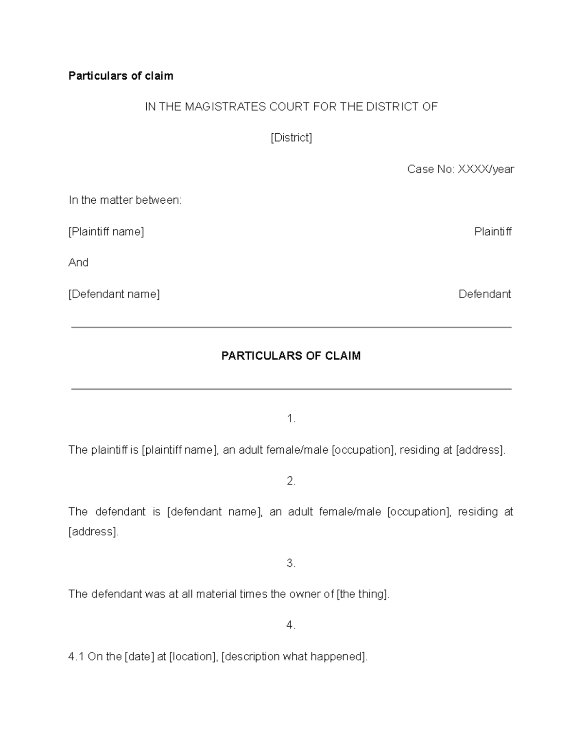 Magistrates Court: Template for Particulars of Claim & Declaration ...