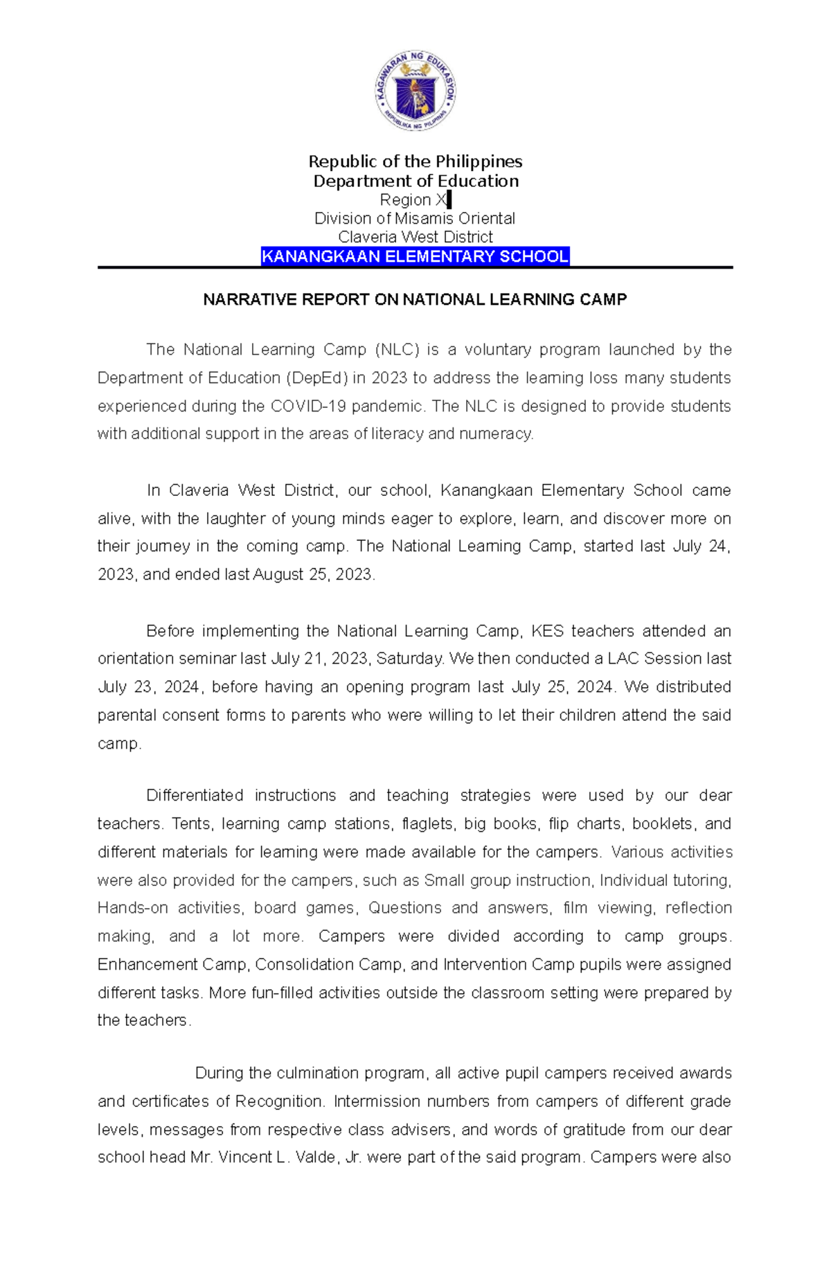 Narrative Report on NLC 2023: Transforming Learning Experiences - Studocu
