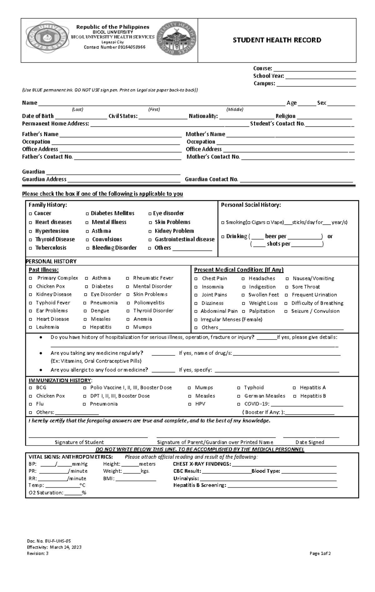 Student Health Record Form - Doc. No. BU-F-UHS- 05 Effectivity: March ...
