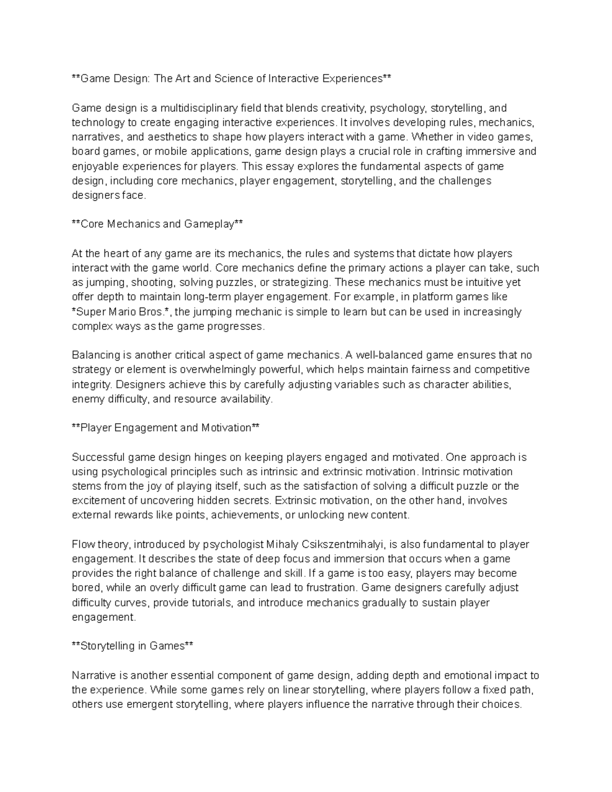Game Design: Exploring Mechanics, Engagement, and Storytelling Essay ...