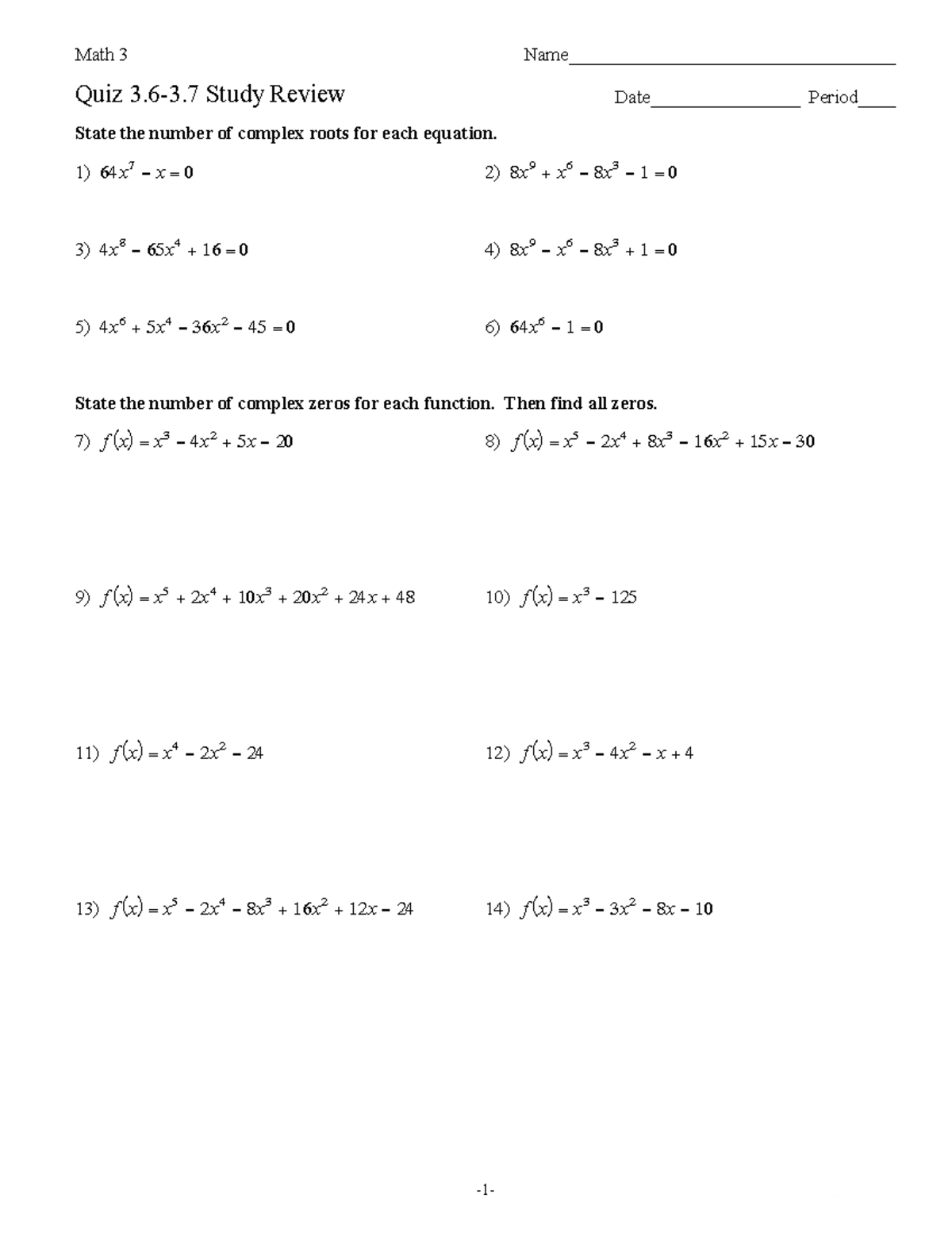 Math 3 Quiz 3.6-3.7 Study Review: Complex Roots & Polynomial Functions ...