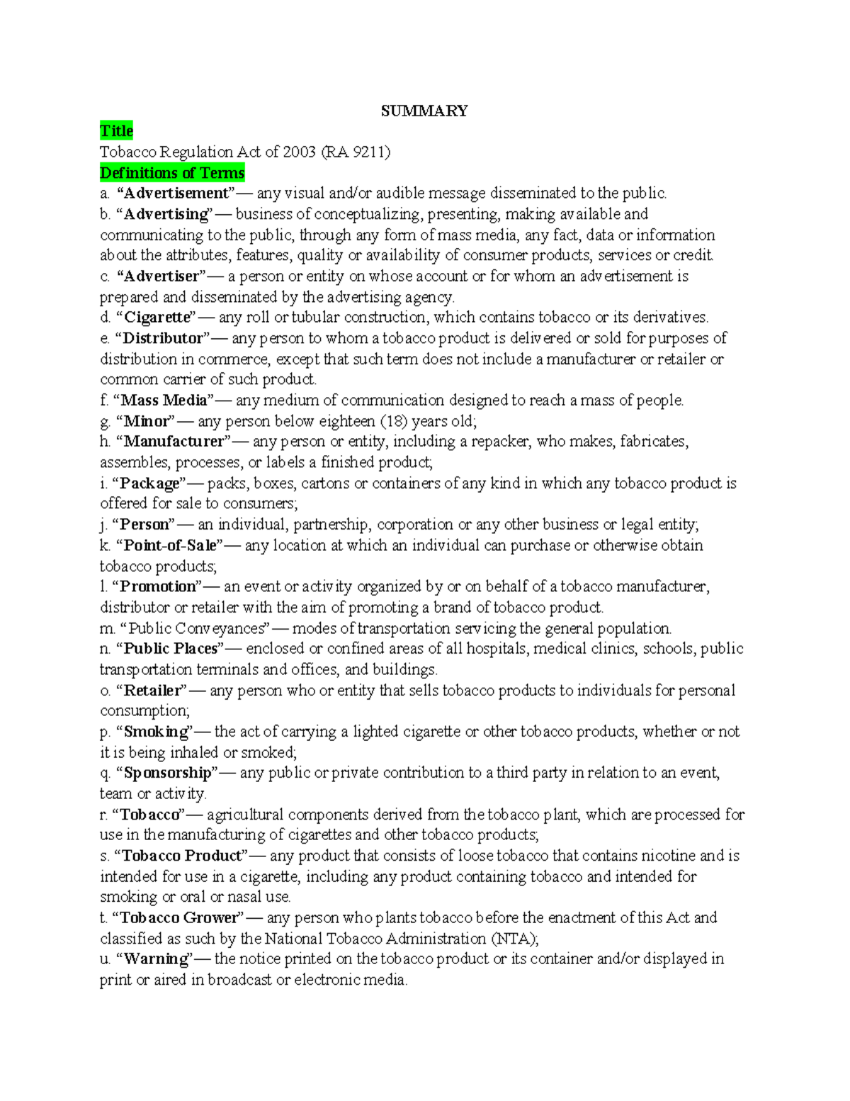 Summary RA-9211 - Nursing notes - SUMMARY Title Tobacco Regulation Act ...