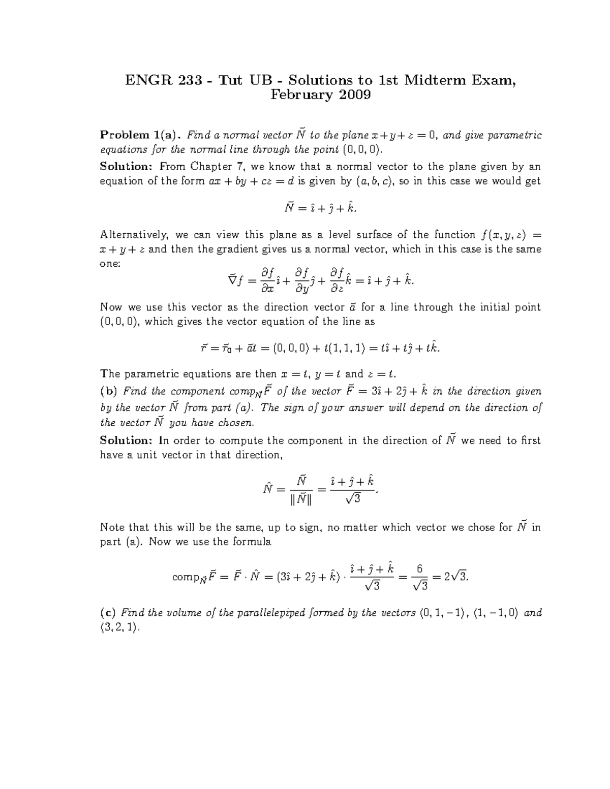 E4 - Midterm - ENGR 233 - Tut UB - Solutions to 1st Midterm Exam, February 2009 Problem 1(a ...