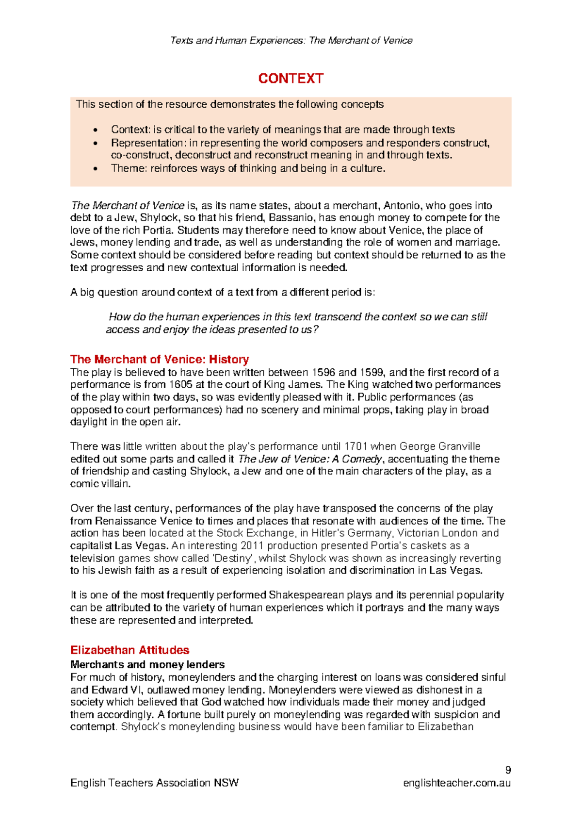 ETA Context Pages: Texts and Human Experiences in The Merchant of ...
