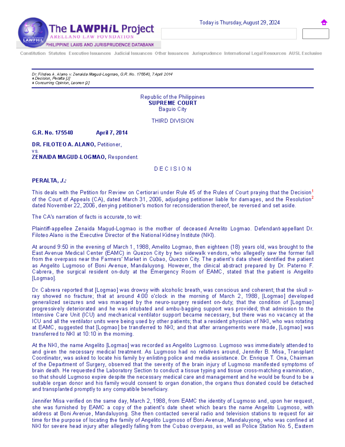 Dr. Filoteo A. Alano v. Zenaida Magud-Logmao, G.R. No. 175540 - Ruling ...