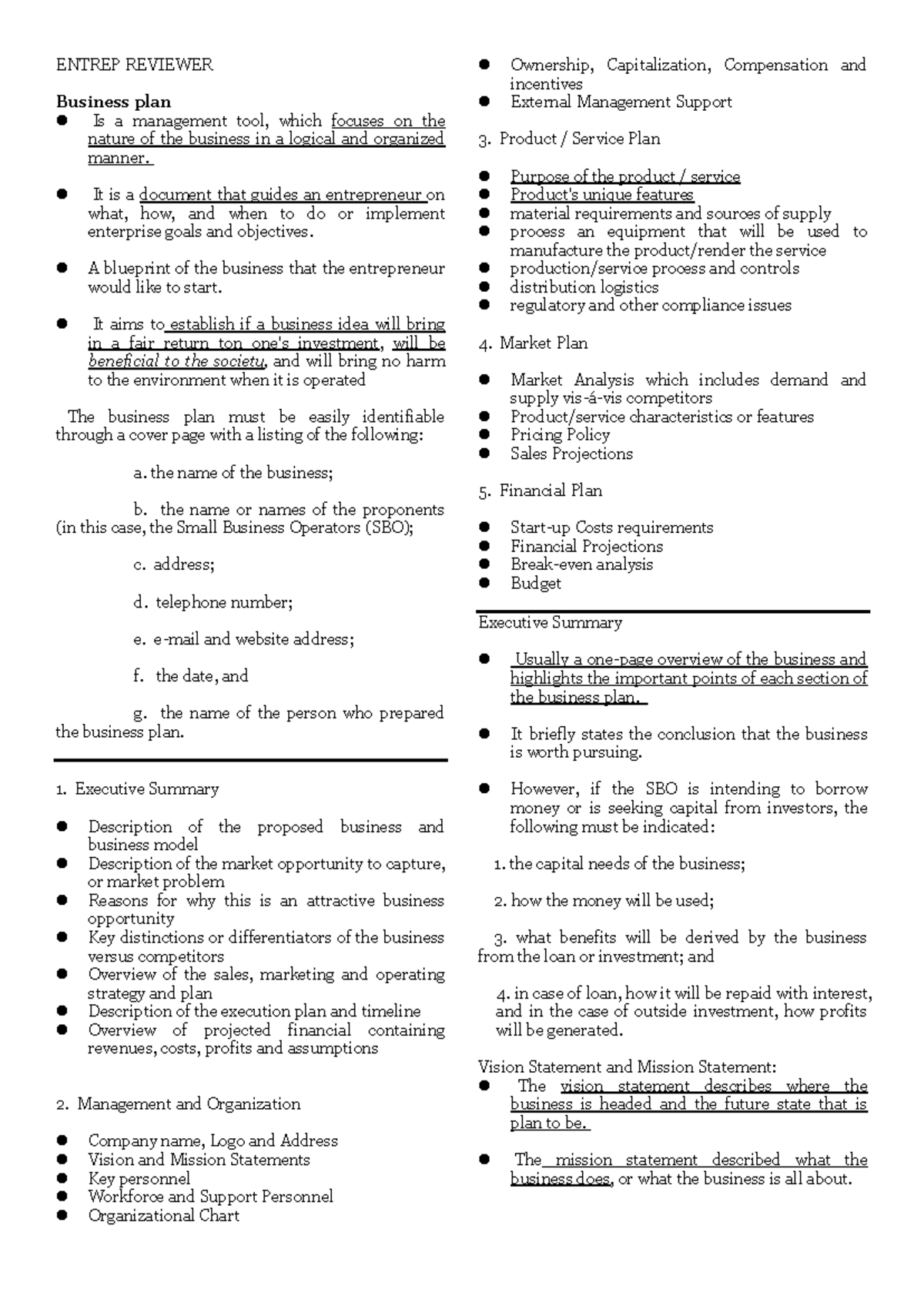 Entrep- Reviewer - ENTREP REVIEWER Business plan ⚫ Is a management tool ...