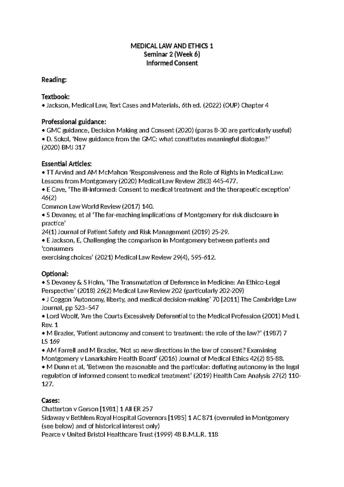 Seminar 2 - MEDICAL LAW AND ETHICS 1 Seminar 2 (Week 6) Informed ...