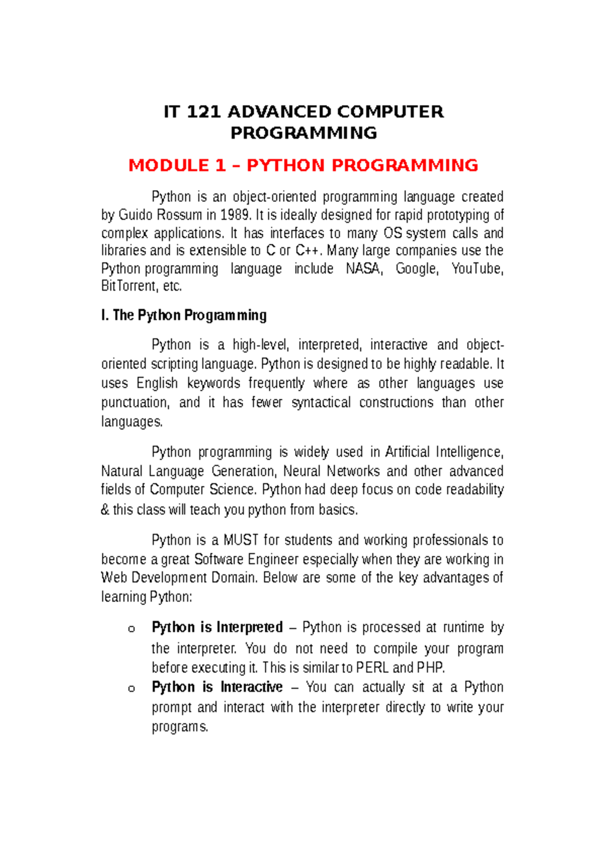 IT 121 Python Programming Basics and Key Concepts Guide - Studocu