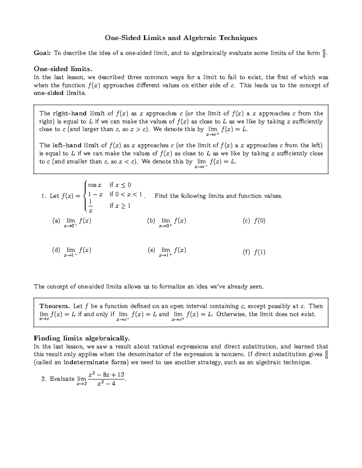 1.4, 1.3 - Understanding One-Sided Limits & Algebraic Techniques - Studocu