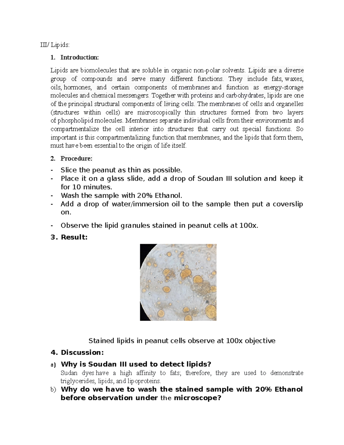 Rp bio 3 - lab report 3 - III/ Lipids: Introduction: Lipids are ...