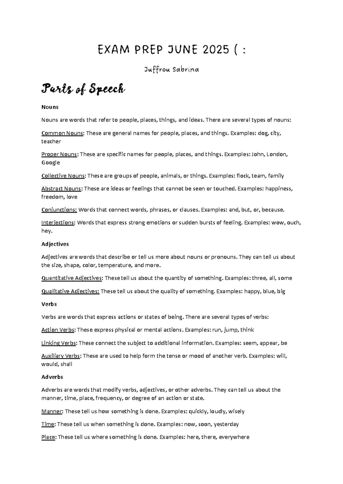 EXAM PREP JUNE 2025: Parts of Speech & Sentence Structure Notes - Studocu