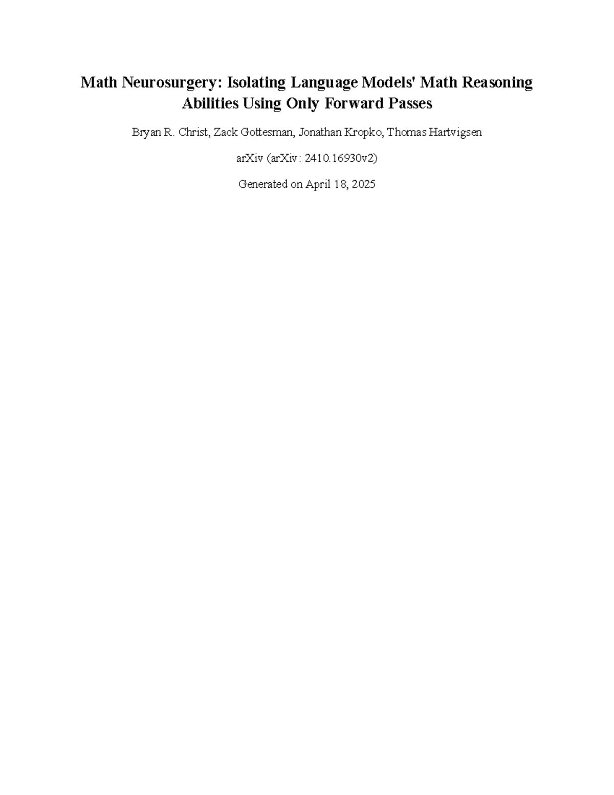 Math Neurosurgery Isolating Language Models Math - Christ, Zack ...