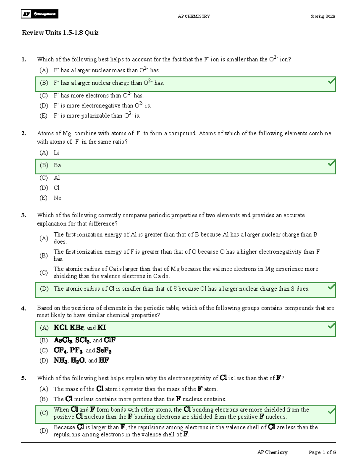 AP CHEMISTRY Quiz Answers for Units 1.5-1.8 - Studocu