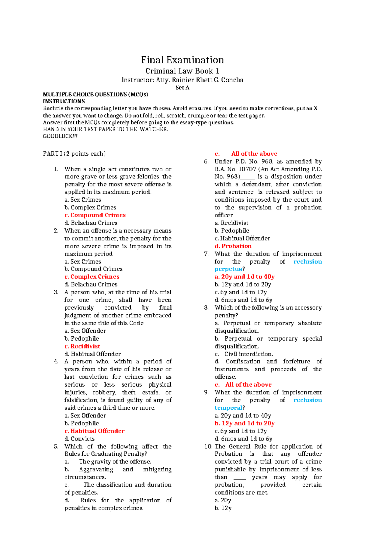 Crimlaw 101: Final Exam Reviewer for Criminal Law Book 1 - Studocu