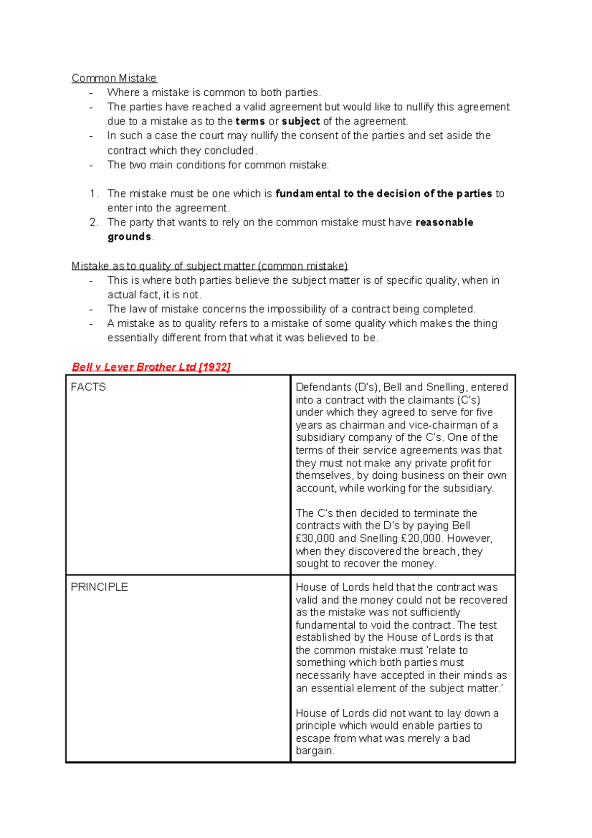 Contract Law - Common and Mutual Mistakes Explained - Studocu
