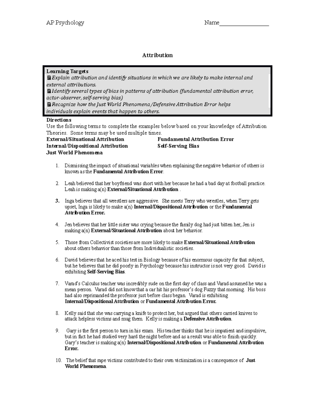 Keyattribution - Attribution worksheet - AP Psychology Name ...