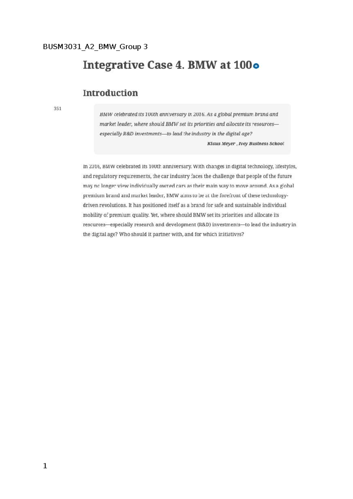 BUSM3031 A2 Integrative Case Study: BMW at 100 Years - Studocu