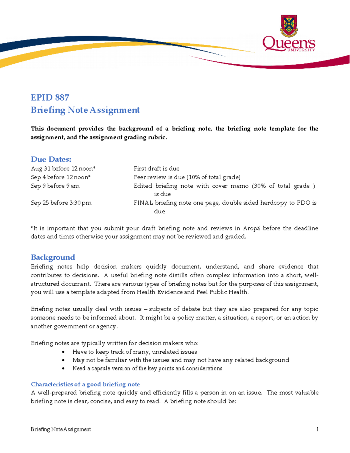 EPID 887 Briefing Note Assignment Guide and Grading Rubric 2020 - Studocu
