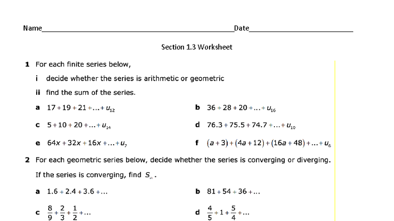 Sequence & Series Practice Worksheet: Arithmetic & Geometric Series ...