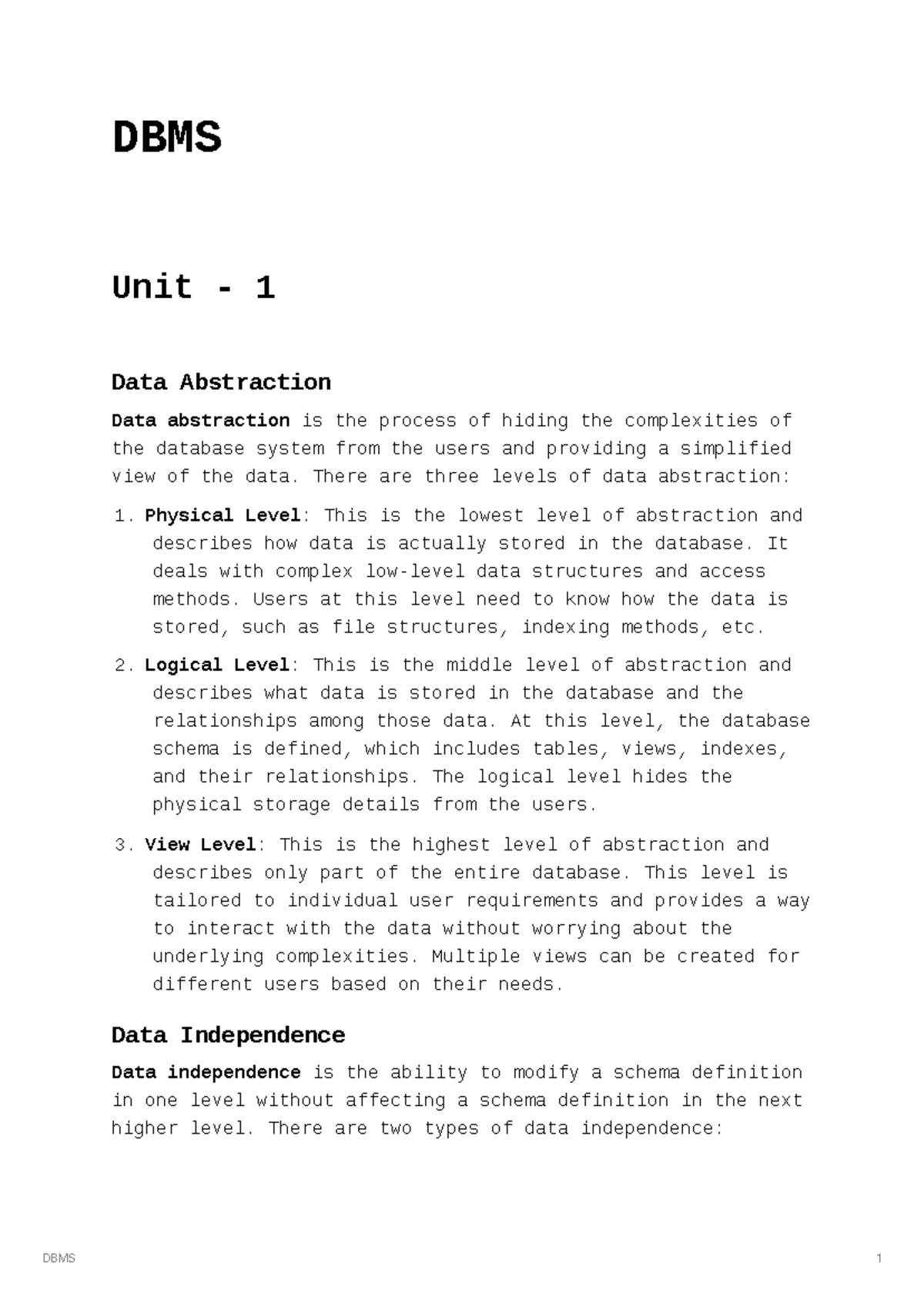 DBMS- Comprehensive Summary of Lecture Notes on Data Management - Studocu