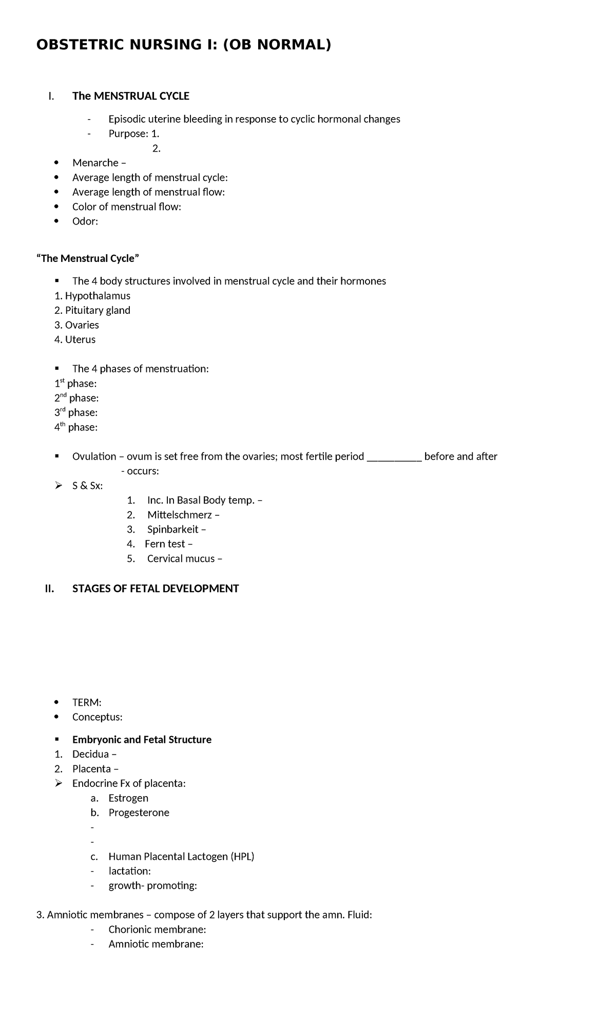 OBSTETRIC NURSING I: Menstrual Cycle & Fetal Development Notes - Studocu