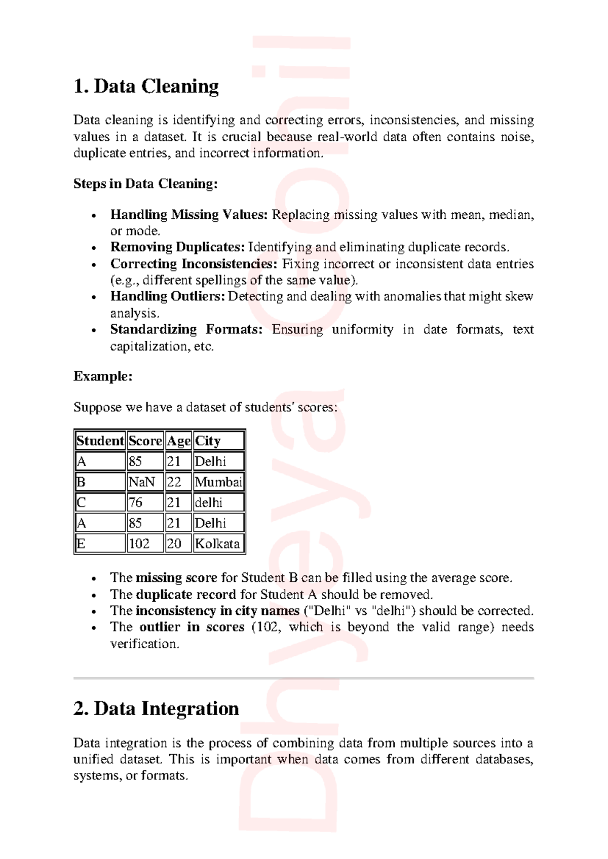 Data Cleaning and Integration Techniques for Data Analysis (CS101) - Studocu