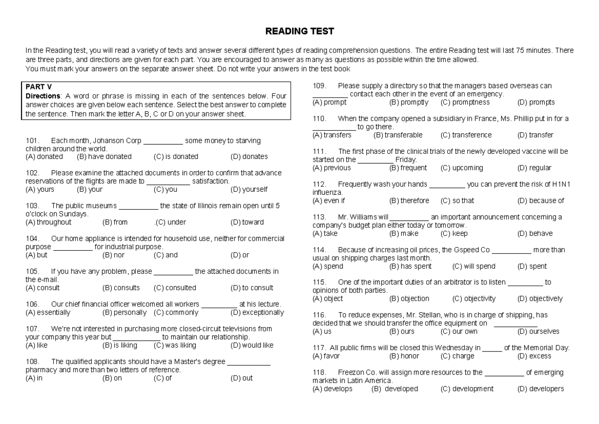 Đề Đọc- Reading - READING TEST In the Reading test, you will read a ...