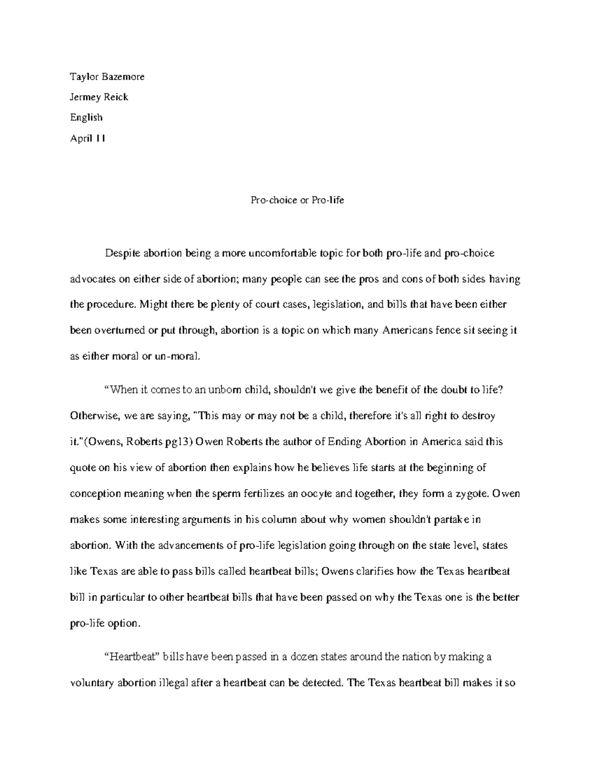 English 101 Essay: Pro-Choice vs Pro-Life Perspectives - Studocu