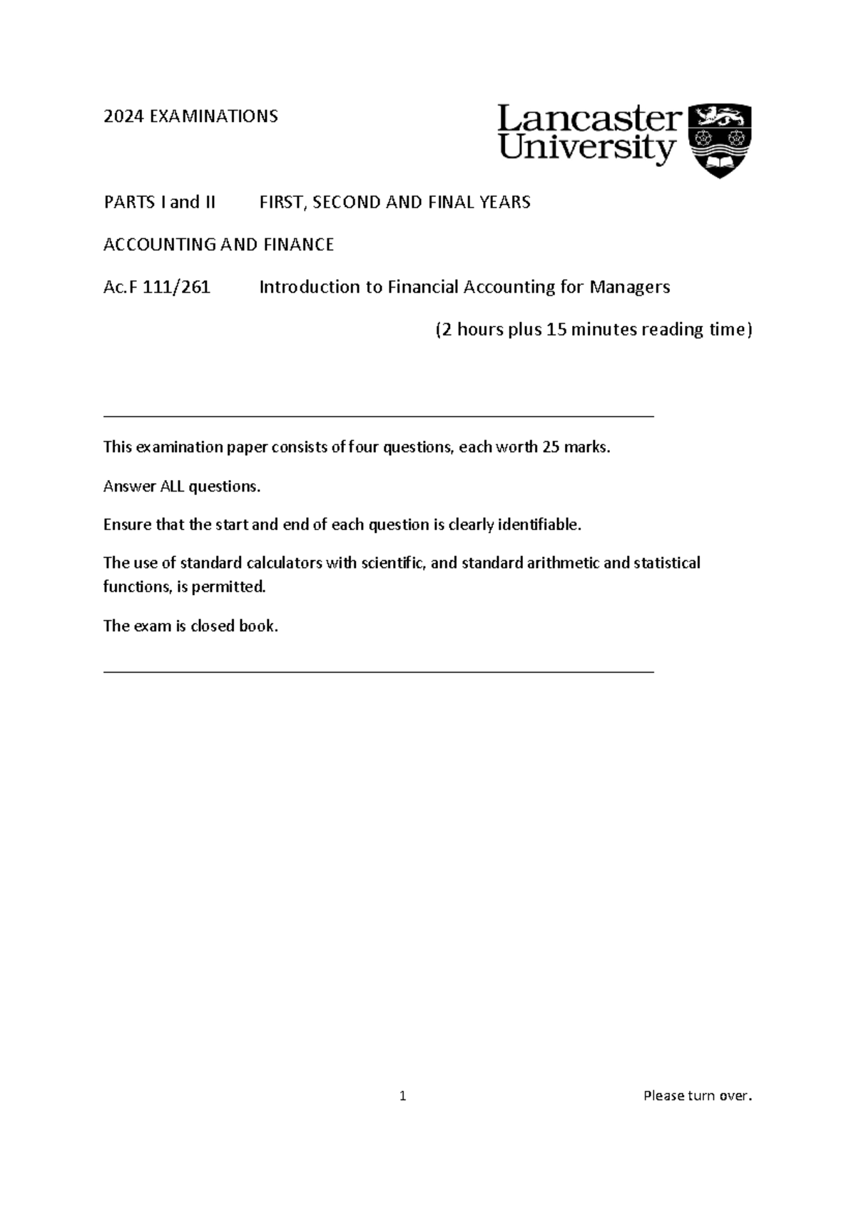 Ac.F111-261 Summer Exam 2023-24: Financial Accounting Overview - Studocu