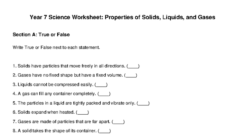 Year 7 Science Worksheet: Properties of Solids, Liquids & Gases - Studocu
