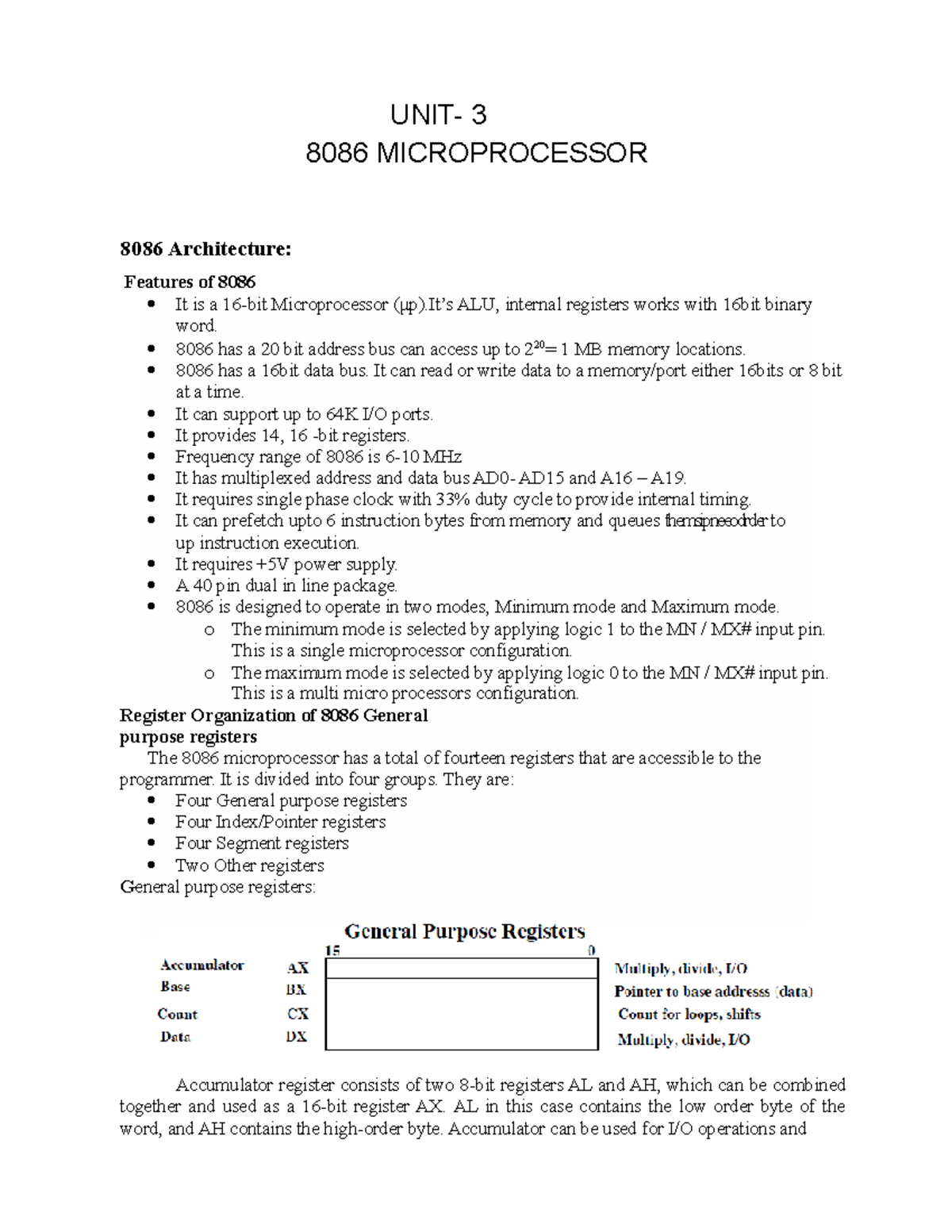 UNIT 3 - unit 3 notes - 8086 Architecture: Features of 8086 It is a 16 ...