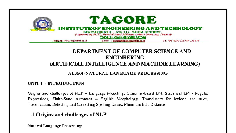 NLP Notes (CSE AI & ML) - Language Processing Unit I Overview - Studocu