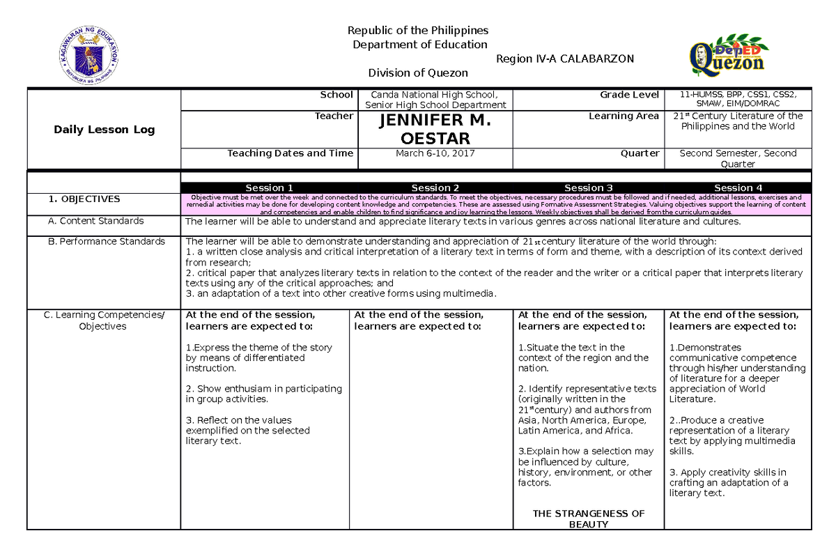 351831687-DLL-21st-Century-Lit-Weekly-Lesson-Plan-Wk18 - Studocu