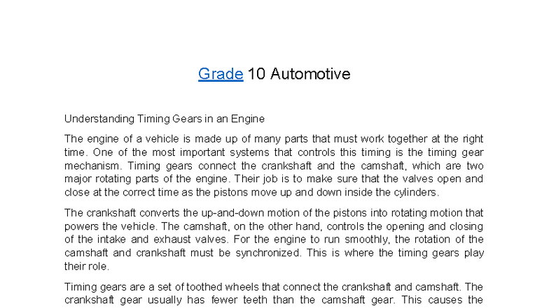 Grade 10 Automotive: Understanding Engine Timing Gears - Studocu