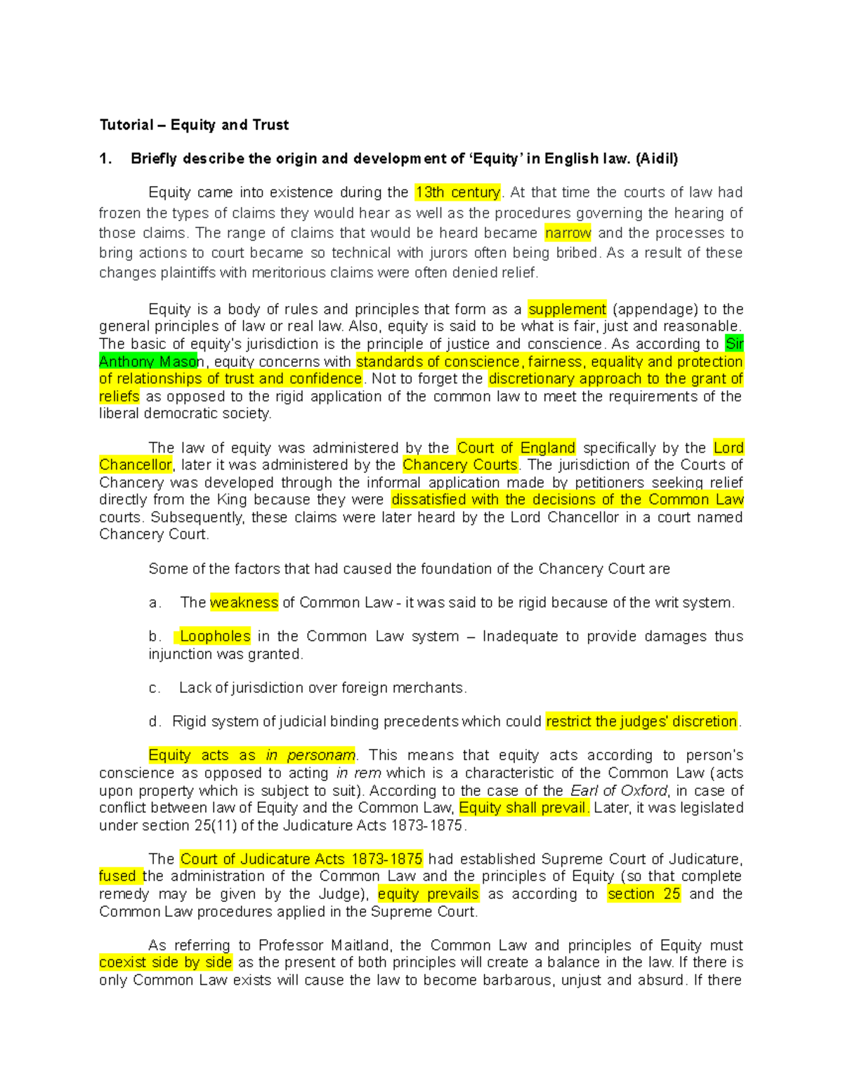 Equity Tutorial 1 Answer: Understanding English Law Principles - Studocu